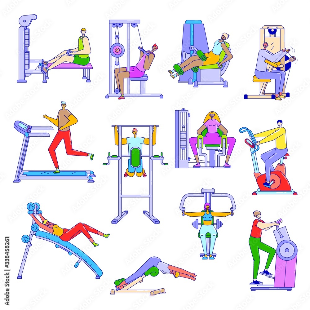 People exercise in gym, workout machines for training, flat set ...