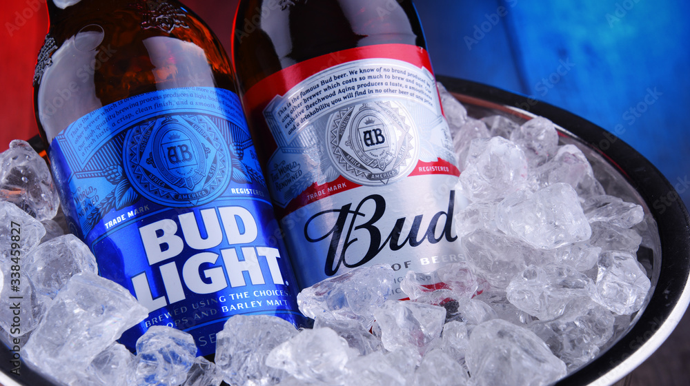 Bottles of Bud and Bud Light beer in bucket with crushed ice Stock ...