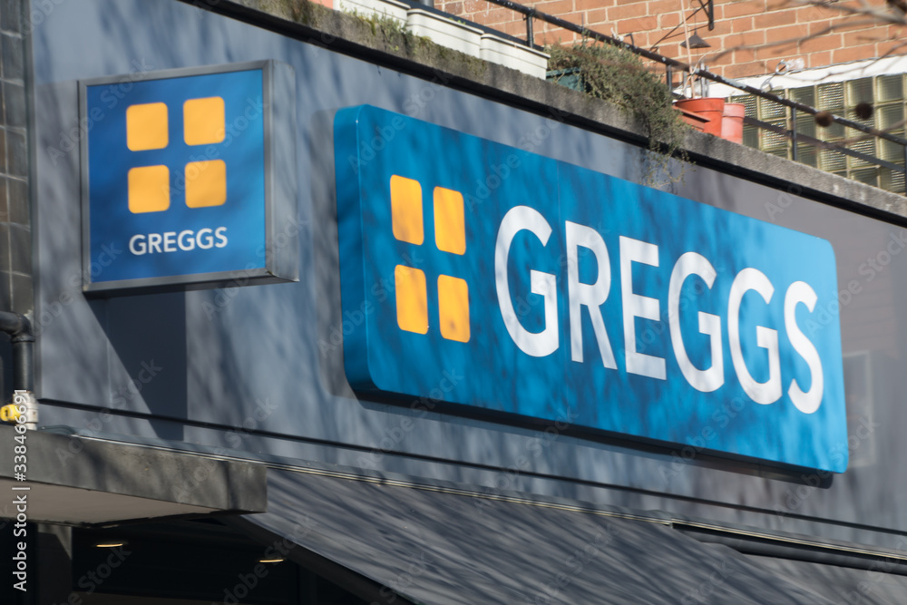 LONDON- FEBRUARY, 2019: Greggs logo on store exterior, a large British ...