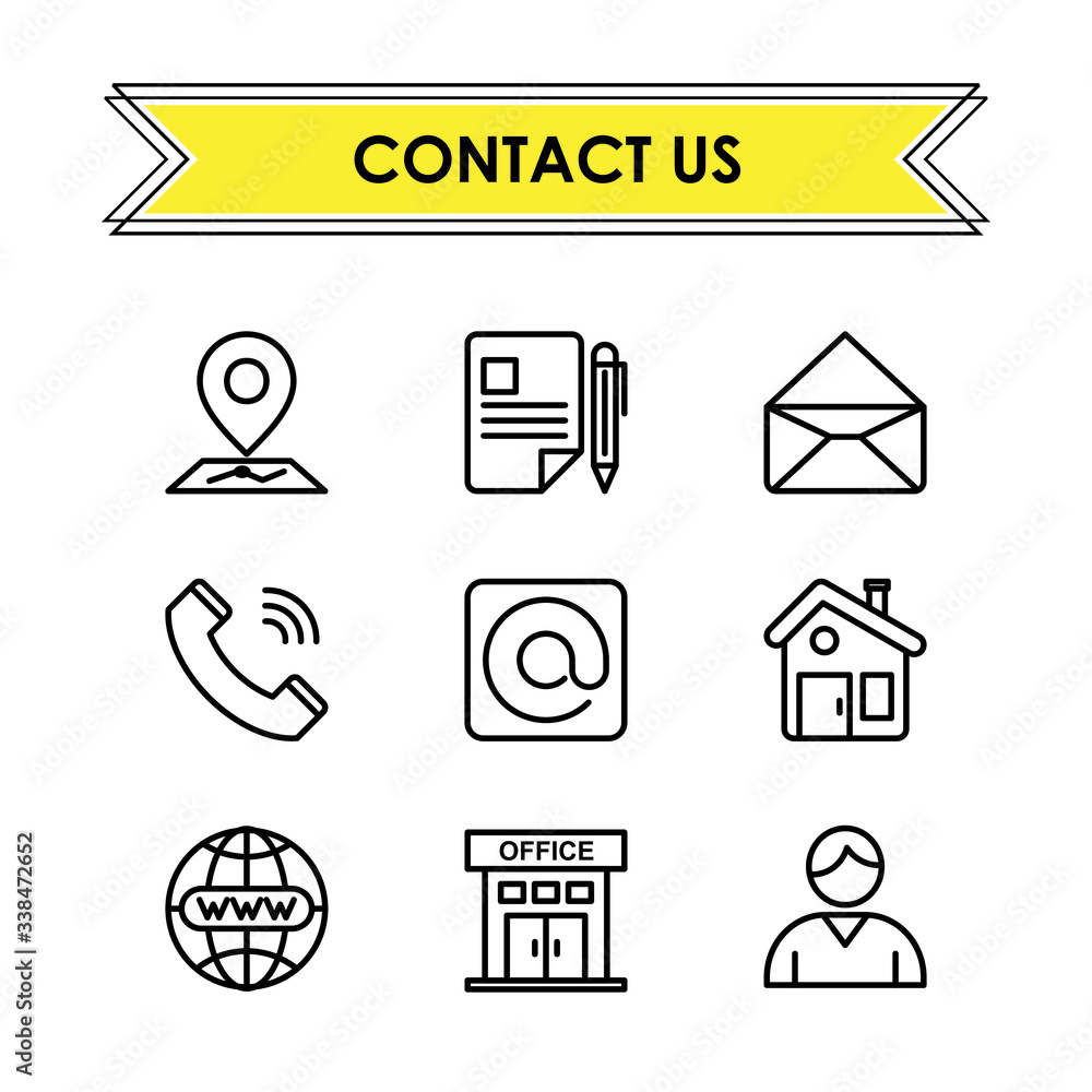 Icon set of Contact us, Black outline design, such us icon of home ...