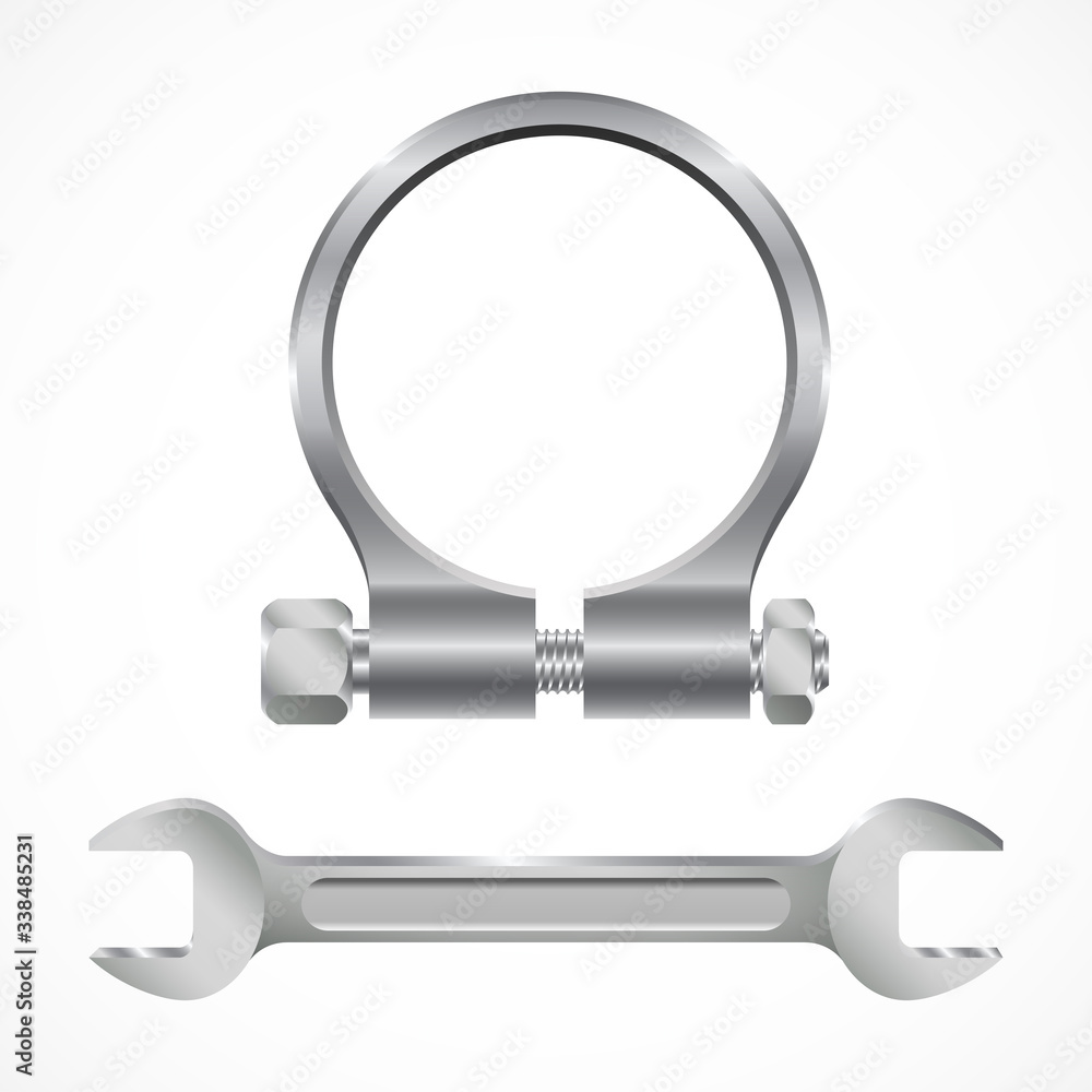Pipe clamp. Realistic steel hose clamp and spanner. Vector illustration ...