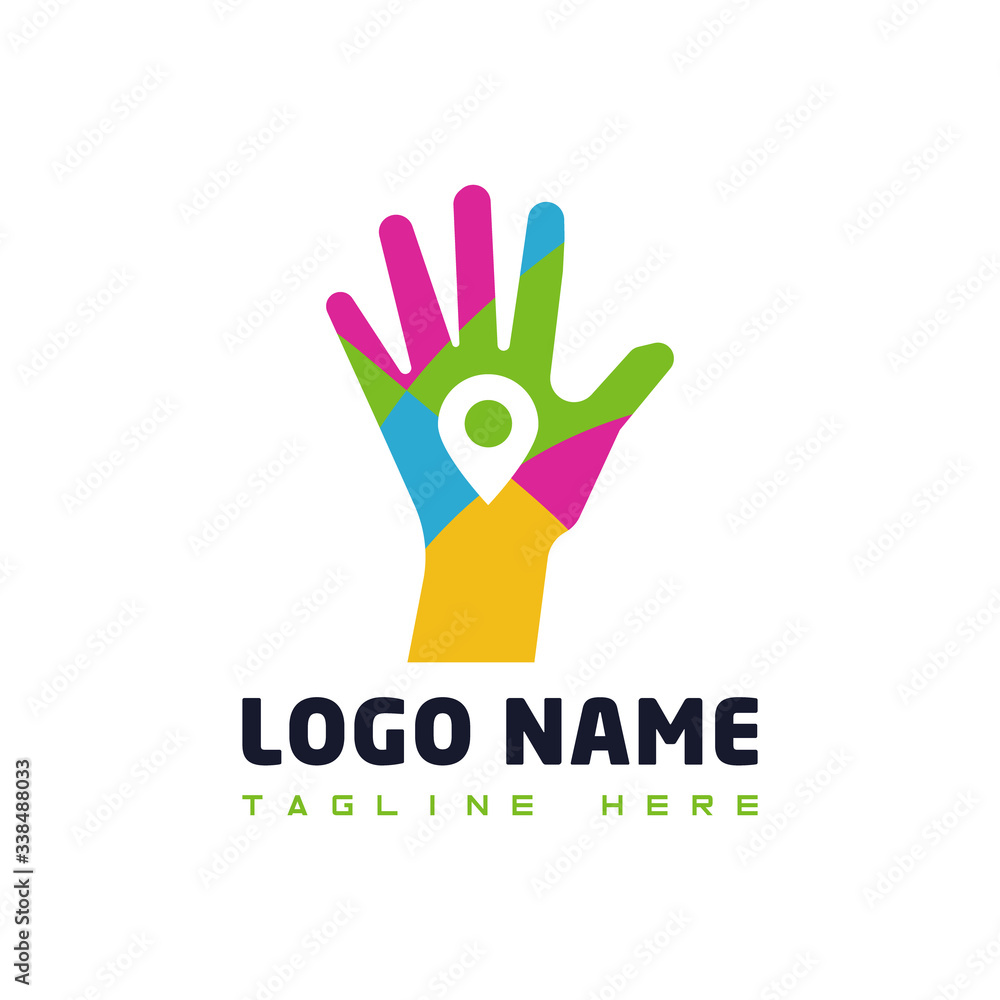Colorful hand with location pin icon or logo design template Stock ...