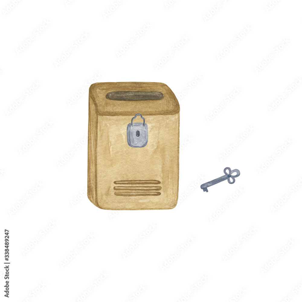 Letter box with lock and key for letters, cards, watercolor hand drawn ...