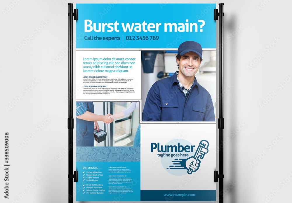 Plumbing Service Poster Banner Layout with Pipe Illustrations Stock ...