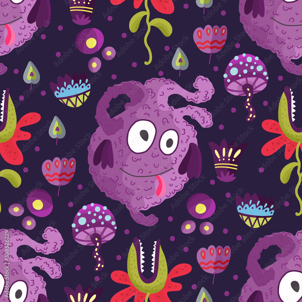Cute cartoon monster vector seamless pattern in a flat style. Funny kid ...