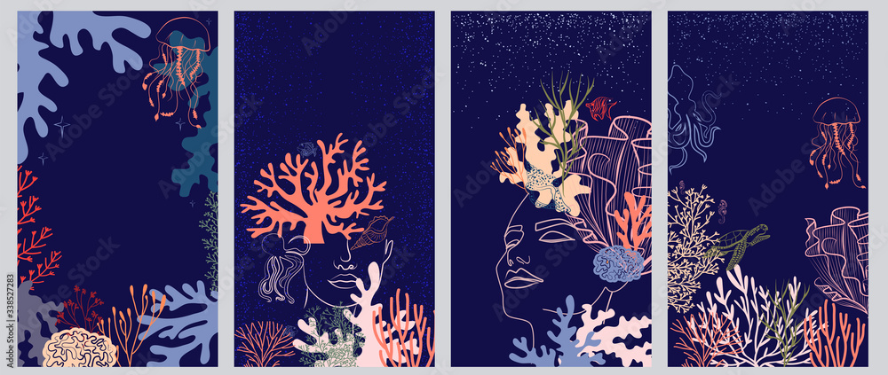 Set of abstract vertical background with woman face portrait ...