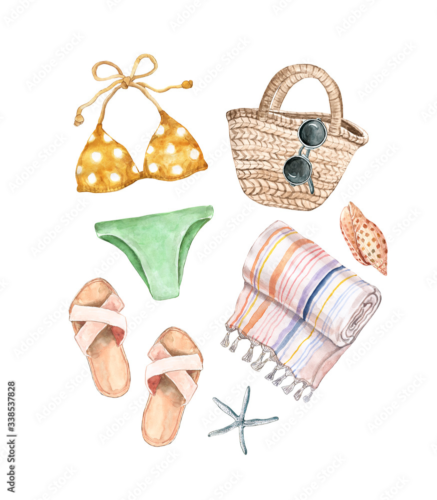 Watercolor fashion clothes illustration. Hand drawn beach roomy bag ...