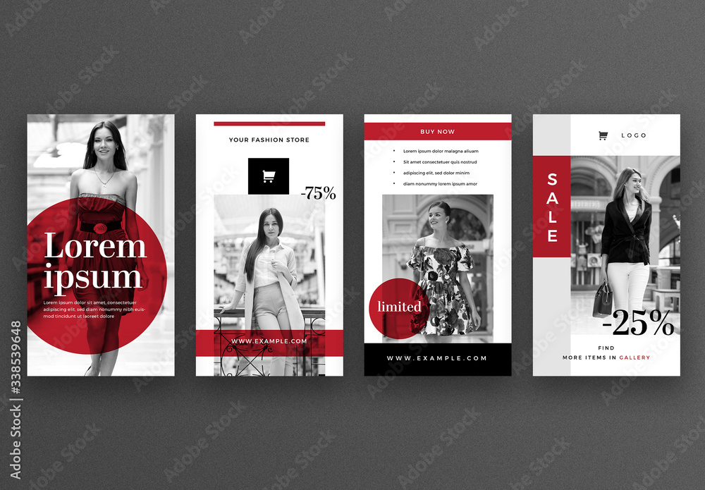 Social Media Stories Layout Set with Red Overlays Stock Template ...