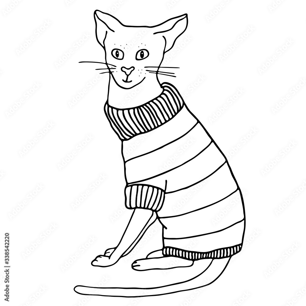 Outline cat in sweater sitting. Hand drawn contour vector illustration ...