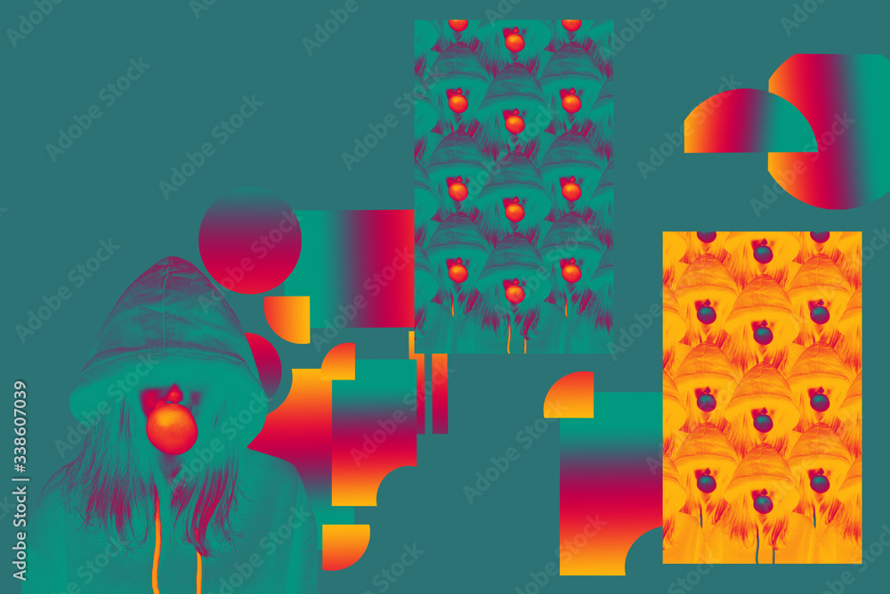 multicolor gradient. girl in the hood inflates chewing gum. geometric ...