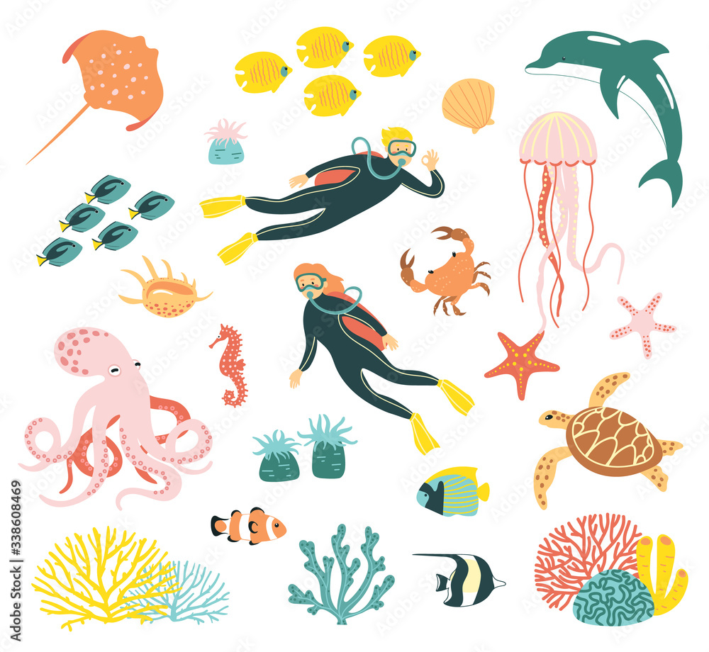Marine life set. Male and female divers surrounded by a variety of sea ...
