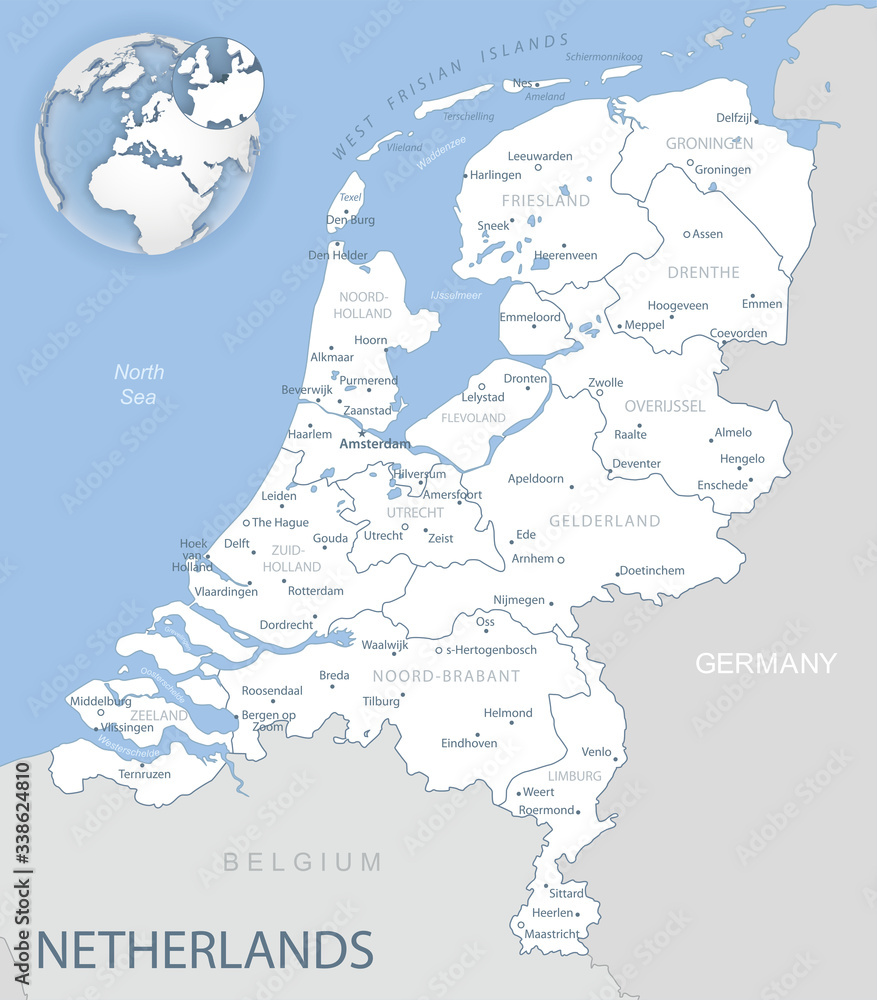 Blue-gray detailed map of Netherlands and administrative divisions and ...