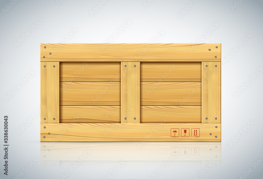 Front view of large wood box on white background. Parcel for export ...