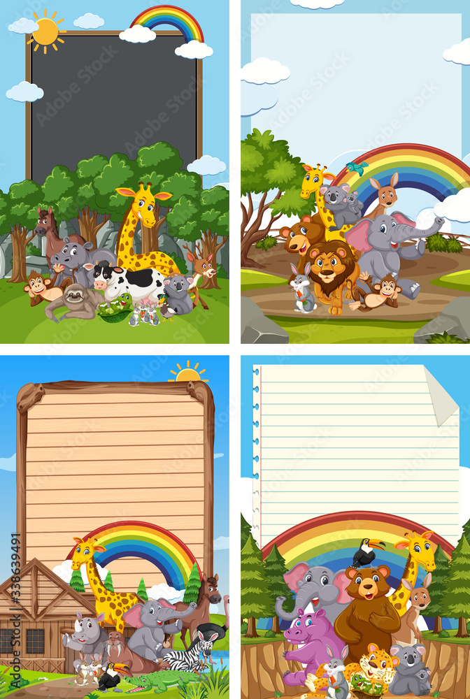 Border template design with many wild animals in background Stock ...
