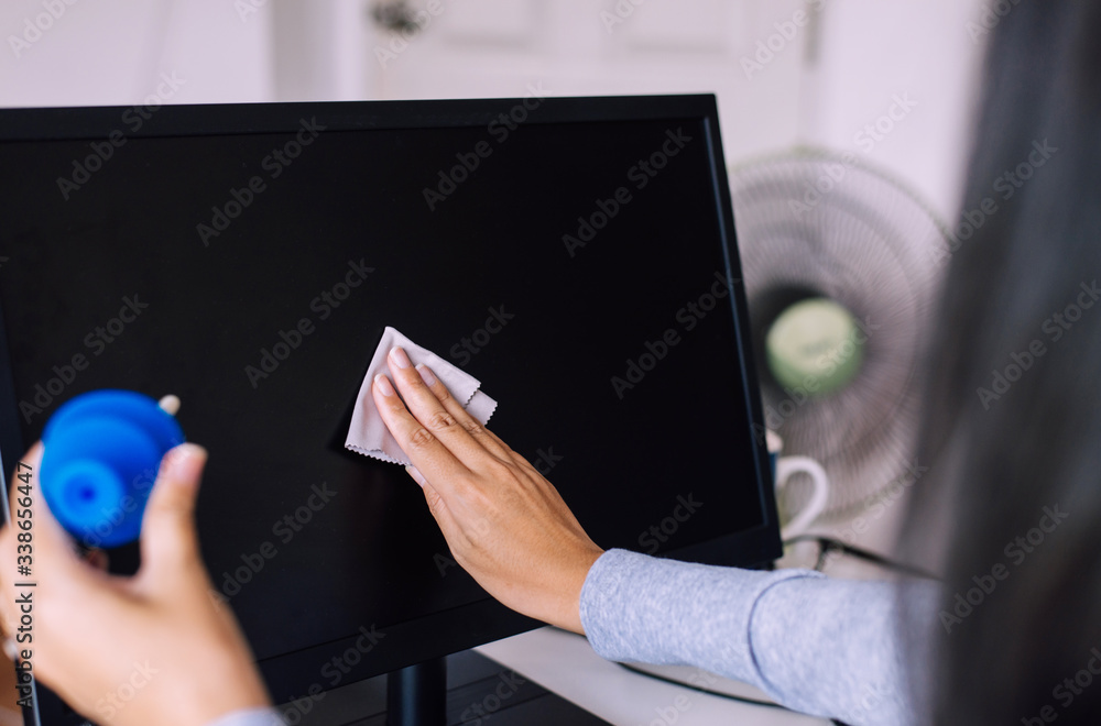 Hands woman cleaning dirty computer pc on screen with cloth,Preventive ...