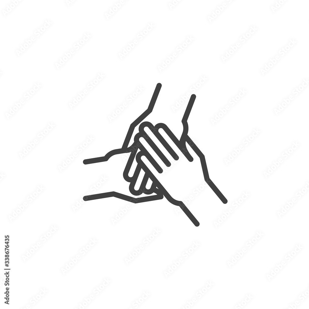 Three hands hold together line icon. linear style sign for mobile ...
