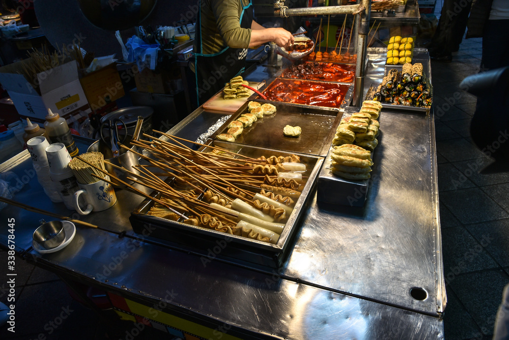 Korea street food, spicy rice cake, and fish cake, and fried dumplings ...