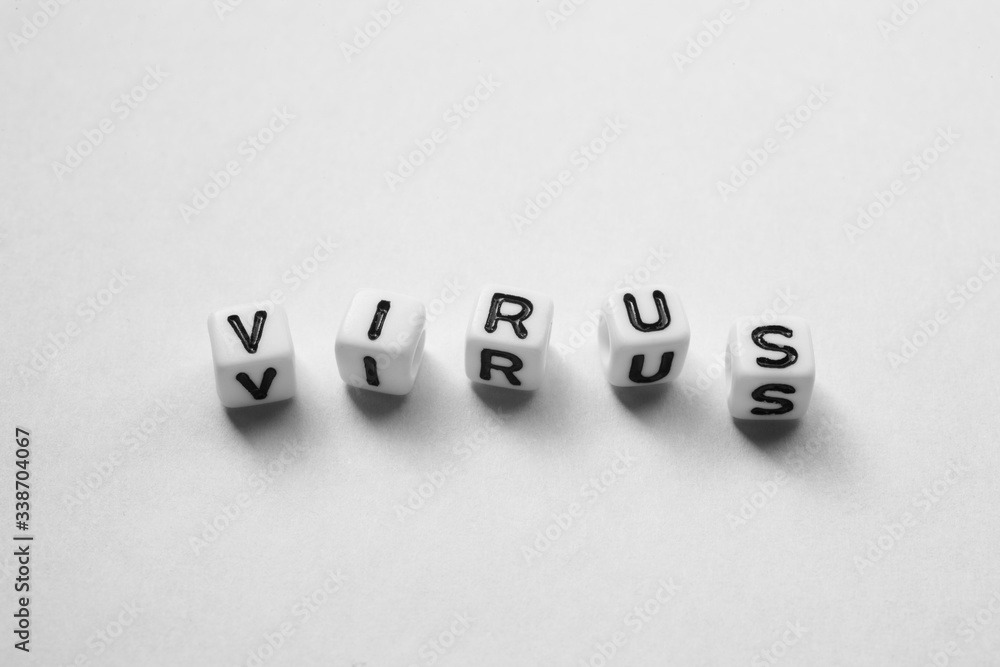 Virus as a text with letters, corona virus pandemic with word cubes on ...
