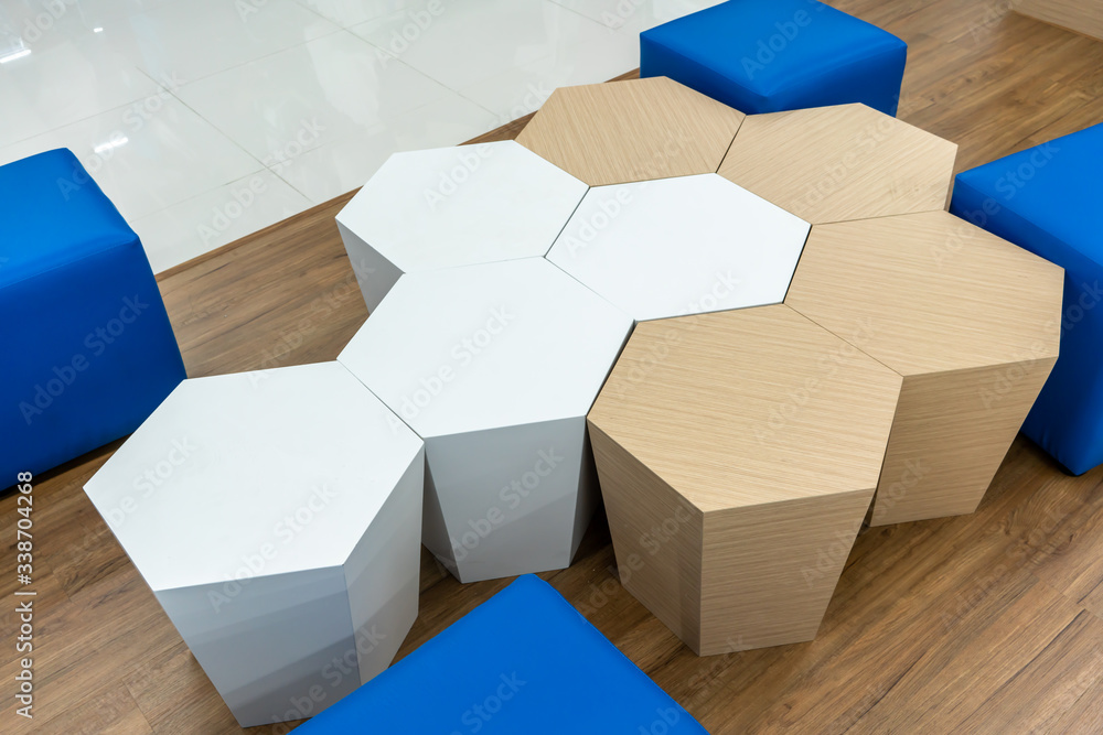 Hexagon shape chairs in rest area. Interior design detail. Stock Photo ...