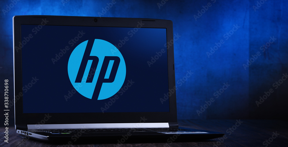 Laptop computer displaying logo of HP Stock Photo | Adobe Stock