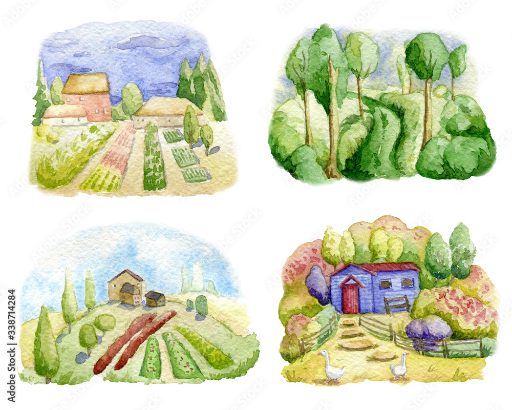 Old farms and rural landscapes set. Fields, houses, gardens, trees ...
