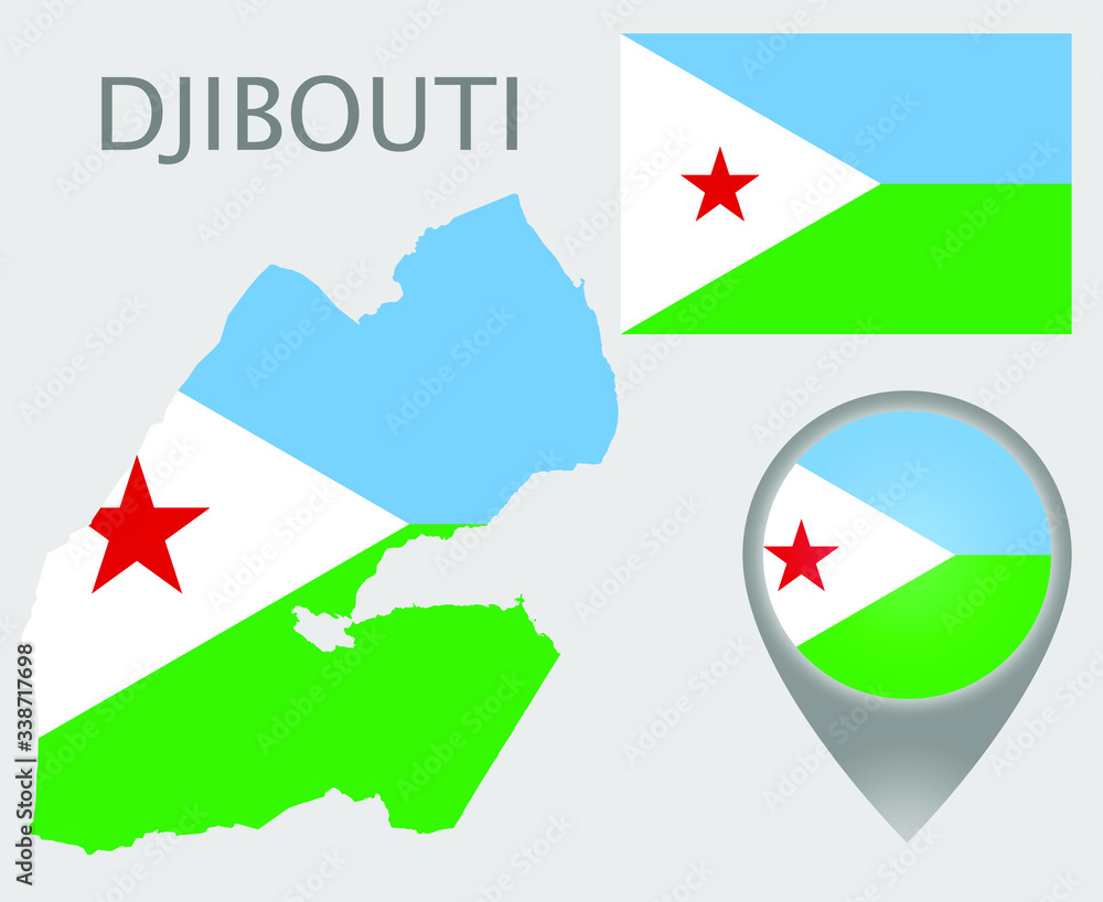 Colorful flag, map pointer and map of Djibouti in the colors of the djiboutian flag. High detail ...