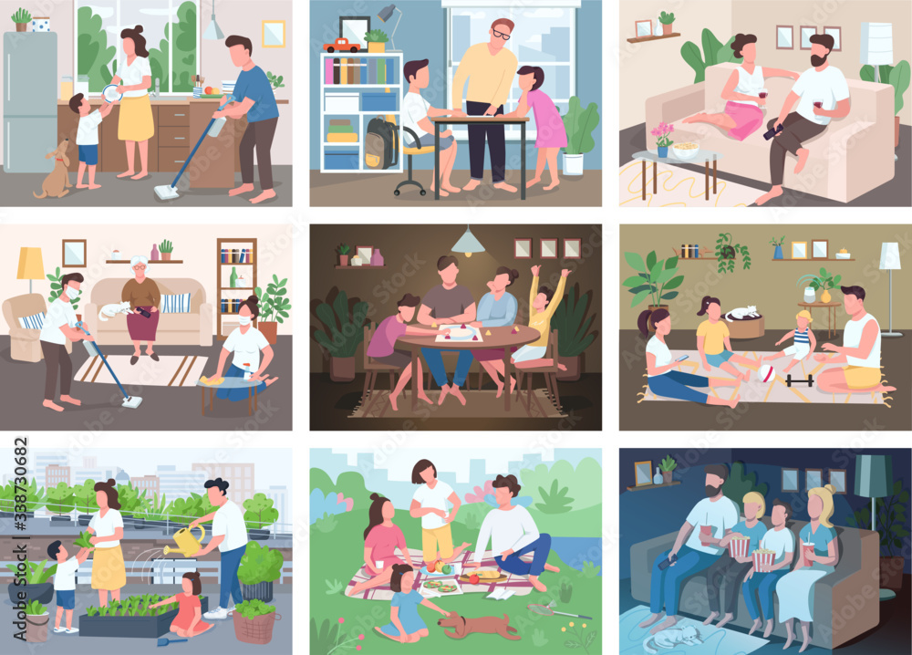 Family routine flat color vector illustrations set. Entertainment for ...