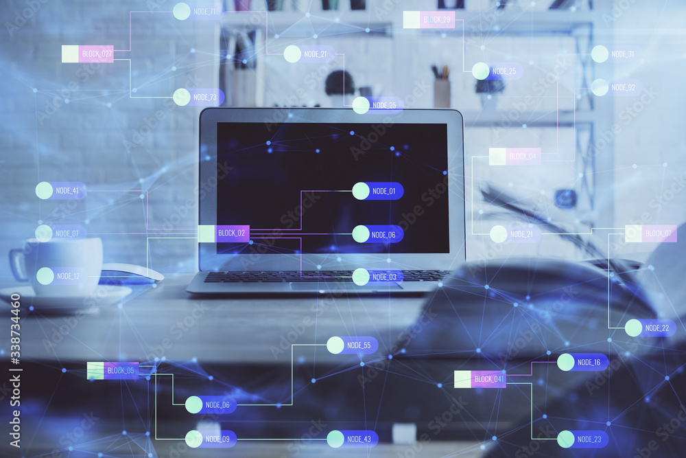 Technology theme drawing and table with computer. Multi exposure ...