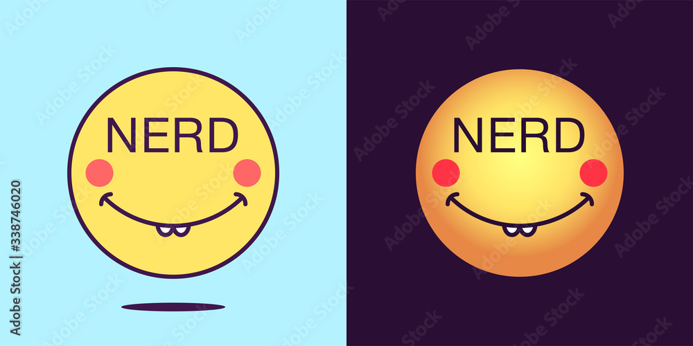 Emoji face icon with phrase Nerd. Dilly emoticon with text Nerd. Set of ...
