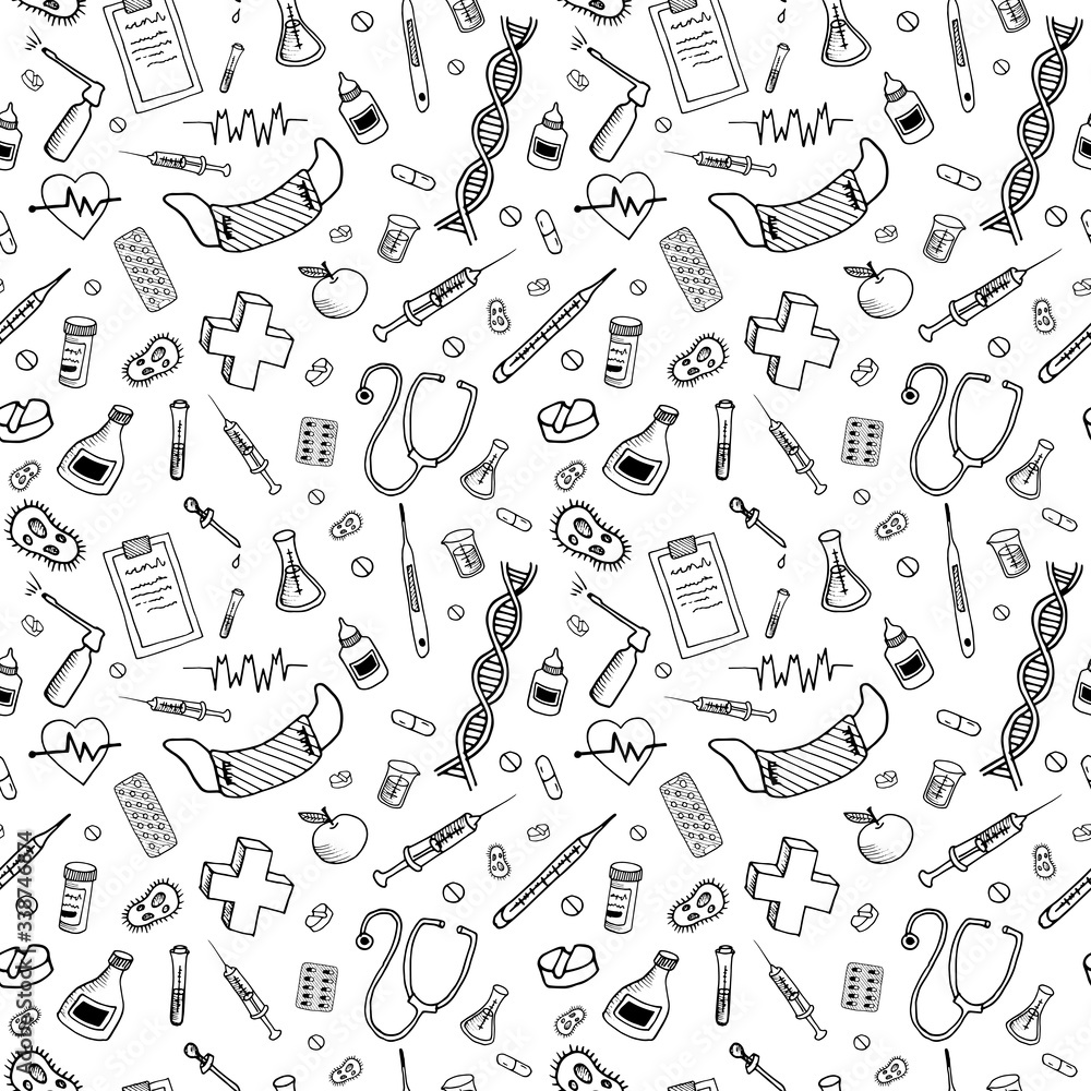Medical doodle pattern. Healhtcare and pharmacy hand drawn objects ...