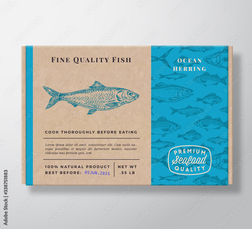 Fish Pattern Realistic Cardboard Container. Abstract Vector Seafood ...