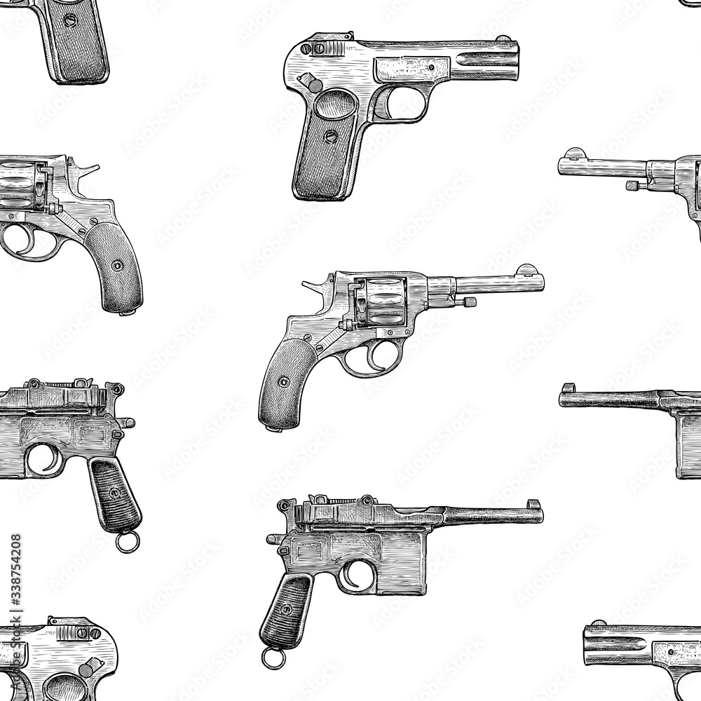 Seamless pattern of sketches old pistols Stock Vector | Adobe Stock