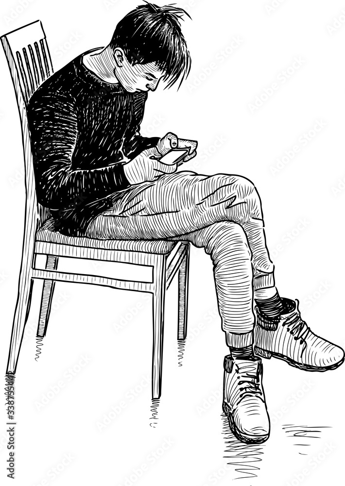 Sketch of teen boy sitting on chair and looking at his mobile phone ...