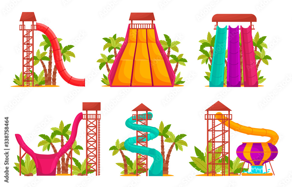 Water park set with colored waterslides and tubes for kids activity ...