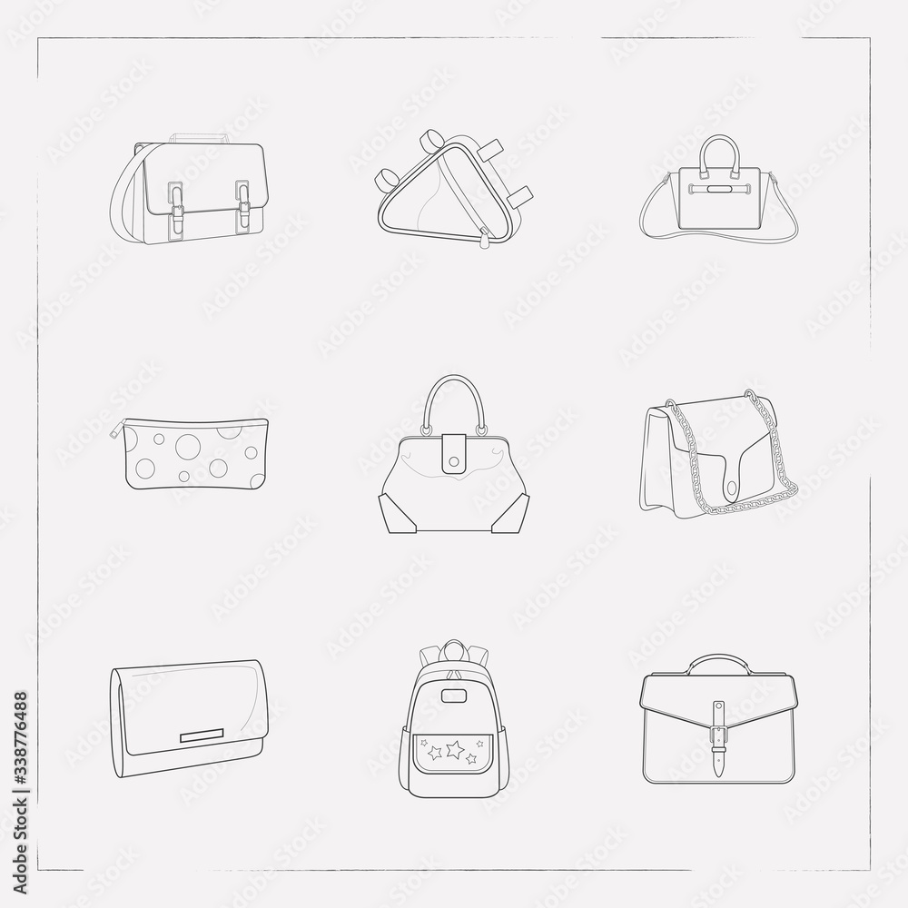 Set of bag types icons line style symbols with frame bag, bicycle frame ...