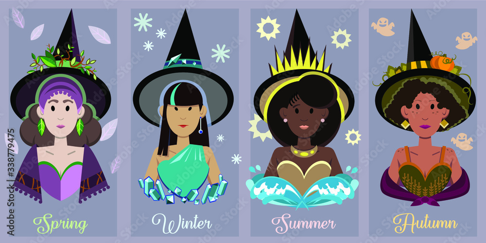 Vector illustration of female witches represents four seasons of the ...