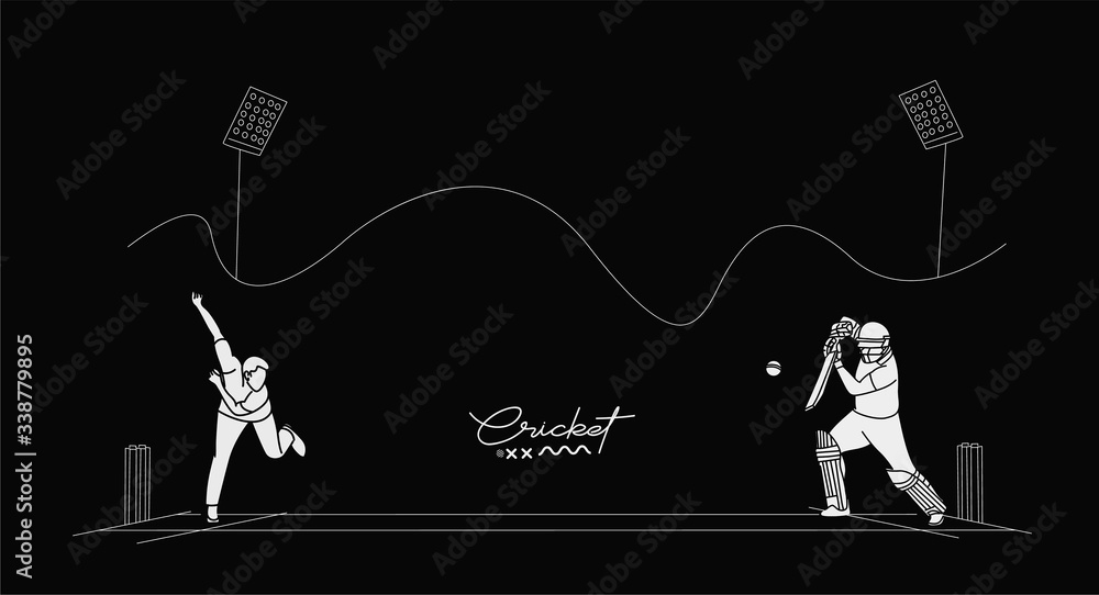 Abstract flat line pattern with batsman and bowler playing cricket ...