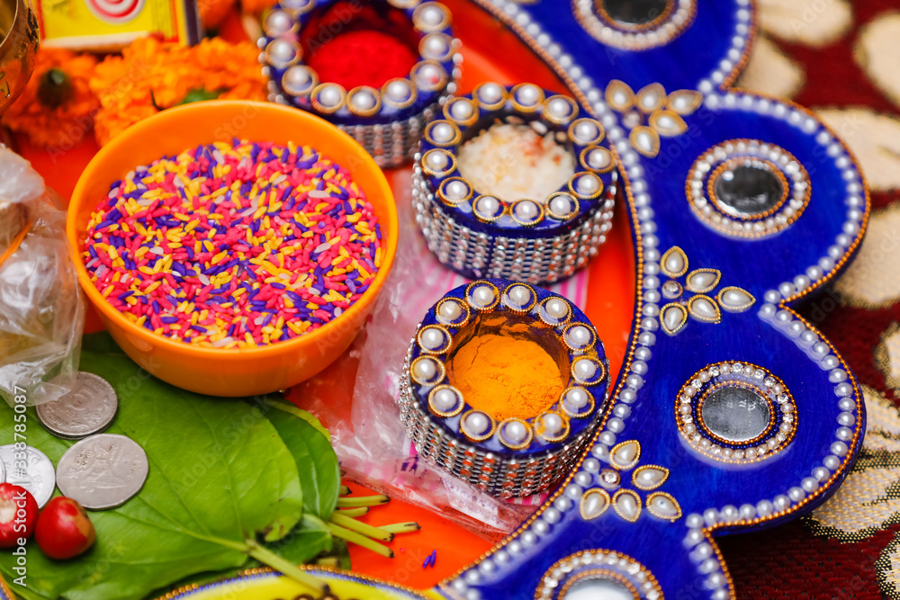 Indian traditional wedding ceremony : Decorative puja thali Stock Photo ...