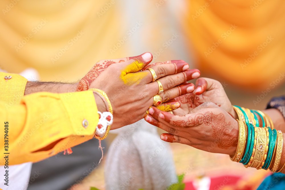 Indian Traditional Wedding: groom hand haldi ceremony Stock Photo ...