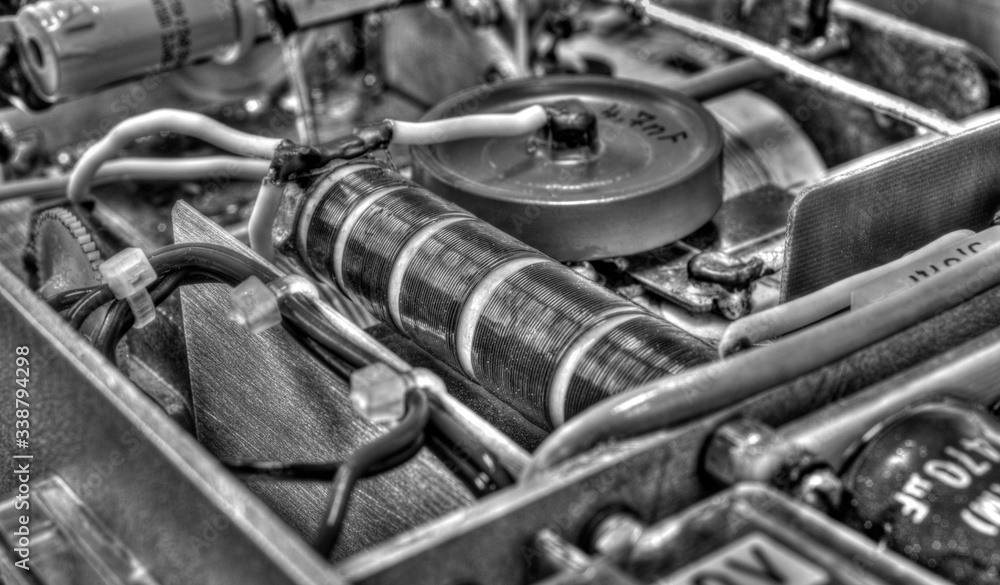 Inside view of high frequency power amplifier with capacitors, coils ...