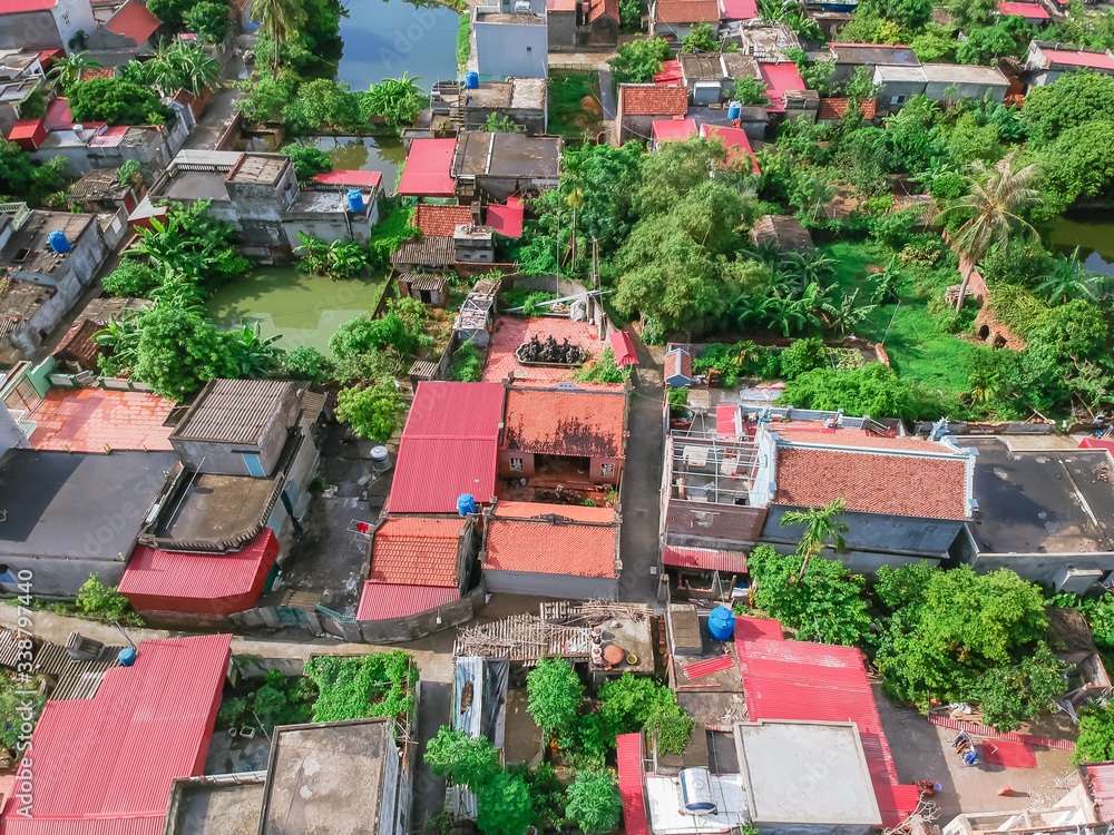 Aerial view typical rural town in the North Vietnam with small houses ...