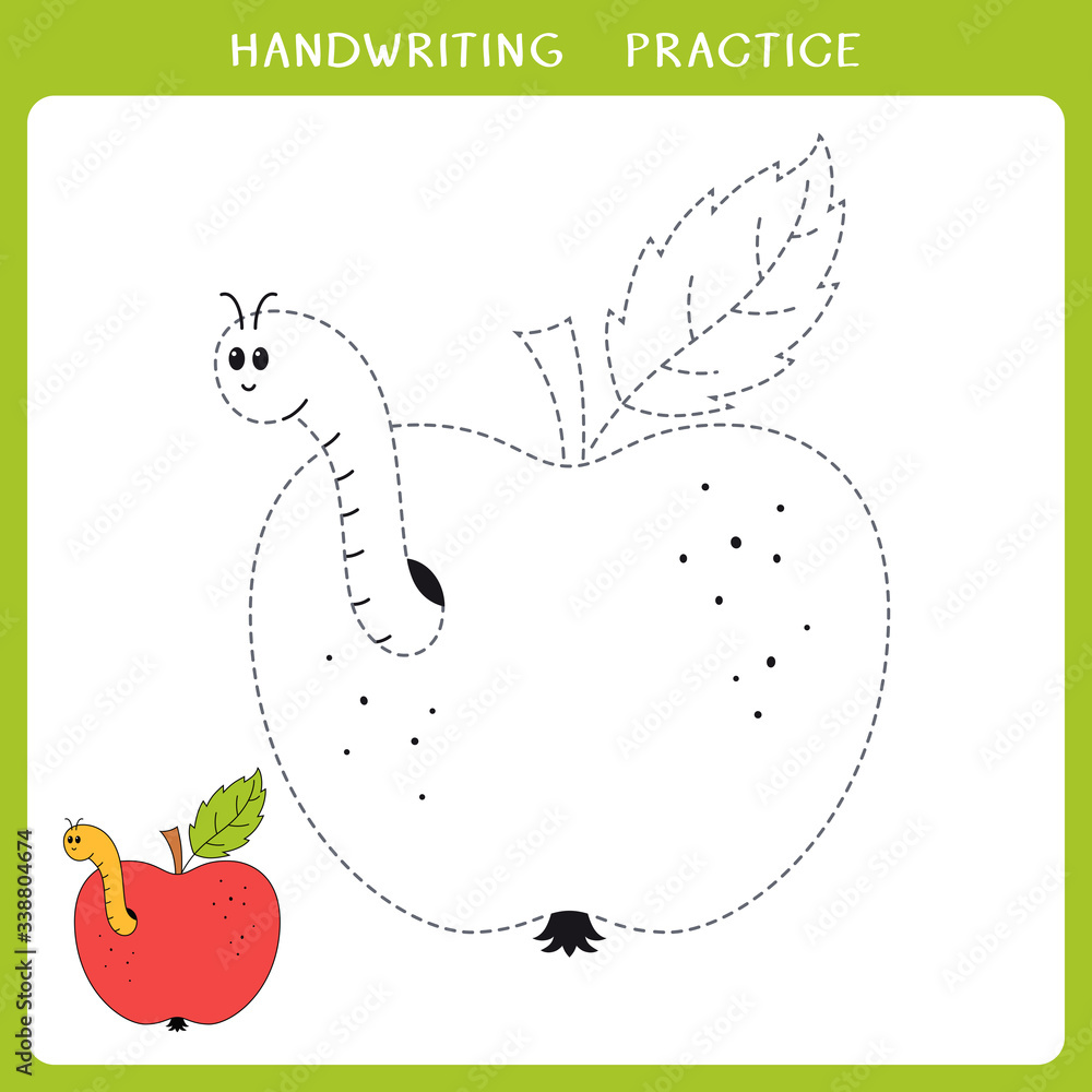 Handwriting practice sheet. Illustration of apple with funny worm for ...