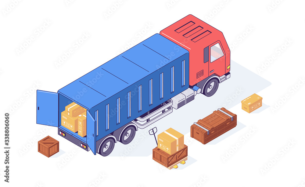 Isometric truck boxes cargo transport cars and vehicle. Transportation ...