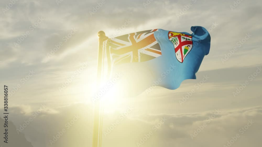 Flag of Fiji Waving in the wind, Sky and Sun Background, Slow Motion ...