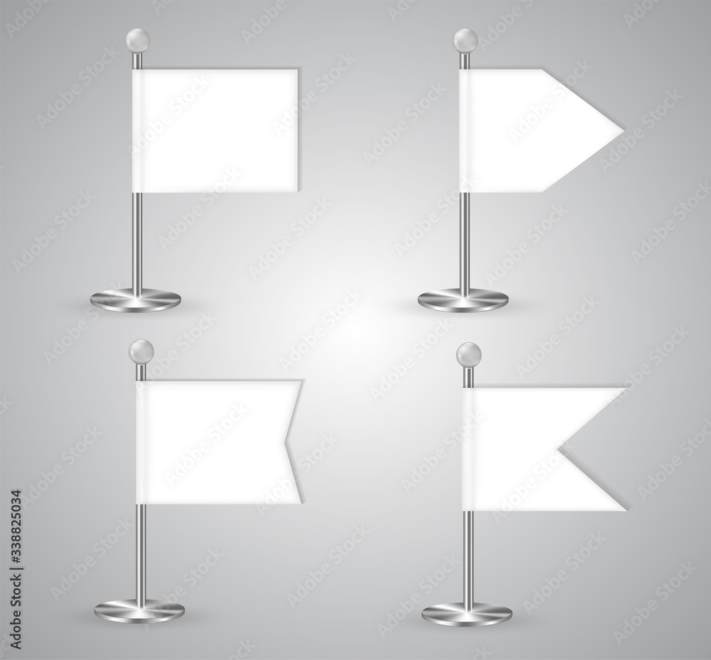 Desktop standing flag with white fabric isolated on white background ...