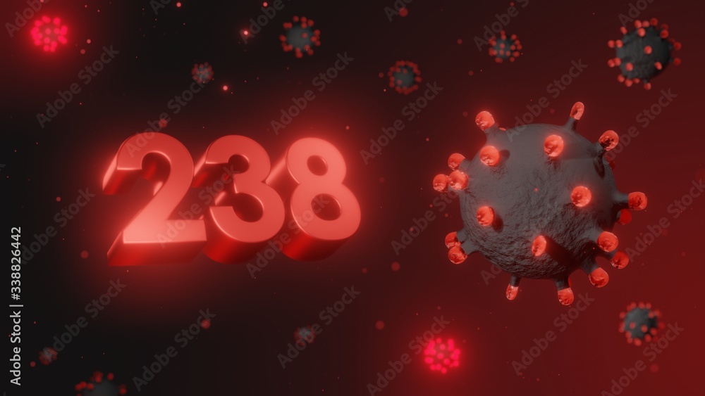 Number 238 in red 3d text on dark corona virus background, 3d render ...
