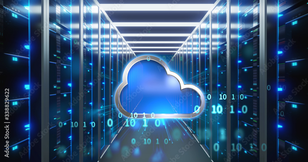 Corridor of server room with server racks in datacenter. 3d ...