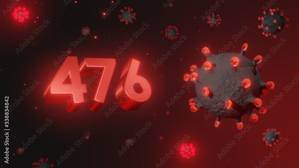 Number 476 in red 3d text on dark corona virus background, 3d render ...