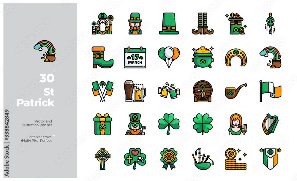 Vector Color Line Icons Set of St Patrick's Day Icon. Editable Stroke ...