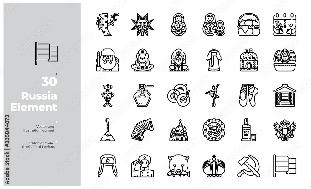 Vector Line Icons Set of Russia Element. Editable Stroke. Design for ...